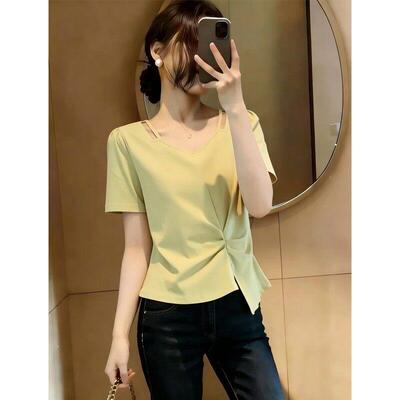 感镂空V领褶皱短袖T恤女夏季大码胖mm不规则别致显瘦纯色上0316r
