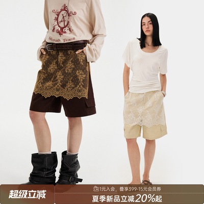 DIDDIMODA蕾丝拼接宽松休闲透明黄工装直筒中裤女2026新款夏