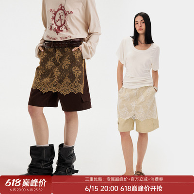 DIDDIMODA蕾丝拼接宽松休闲透明黄工装直筒中裤女2026新款夏