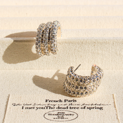 原单外贸饰品轻奢高级闪耀满钻多圈C形耳环女优雅气质银色耳钉356