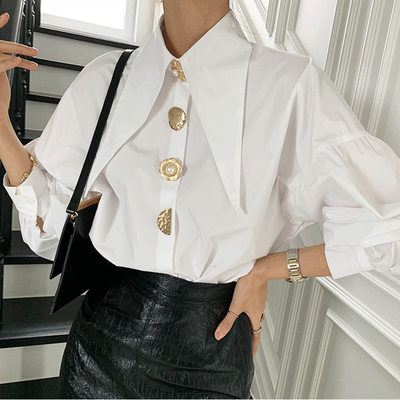 Women's single-row button loose lantern sleeve shirt top衬衫