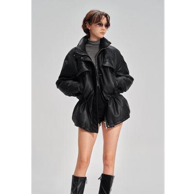 JOHNNYWU 立领中长款可抽褶收腰皮夹克羽绒服外套