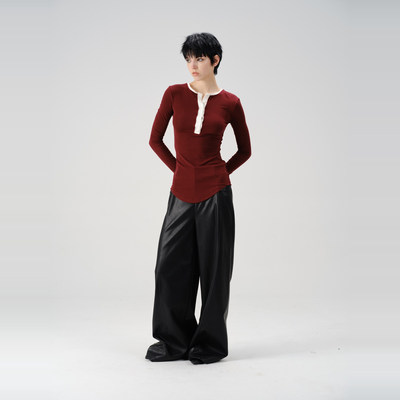 JOHNNYWU 拼接撞色半开领长袖修身针织打底衫