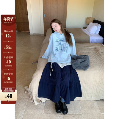 CCKOK 冬季韩系穿百搭 搭通勤日常藏蓝细灯芯绒半身蛋糕长裙女