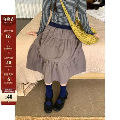 CCKOK 2026早春新品韩系通勤 穿搭灰褐色拼接半身中长款裙女