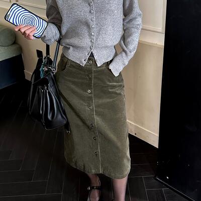 fifth 半身裙女2025春季新款ffu灯芯绒复古排扣法式H直筒中长裙子