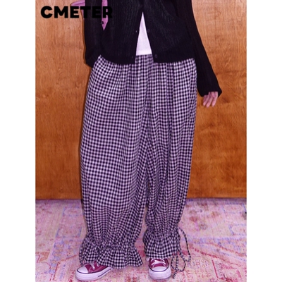 CMETER【经典小方格】垂感脚口可调节宽松黑白格女裤格纹裤阔腿裤