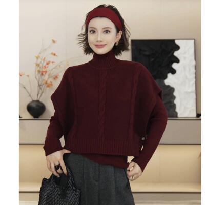 【半糖醉绒】2025秋冬季绞花设计高领披肩针织时尚套装HBZXW91840