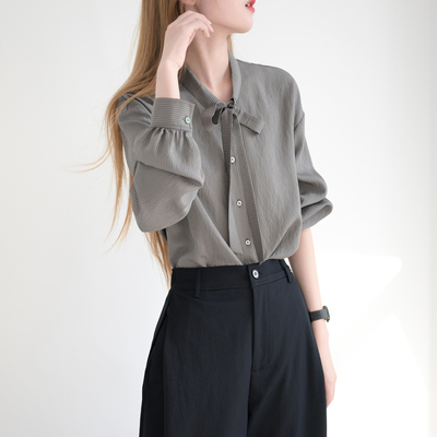 Trr长袖衬衫条纹系带减龄上衣女