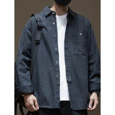 it neith BIAS潮牌日系条纹提花牛仔长袖衬衫男宽松大码衬衣外套