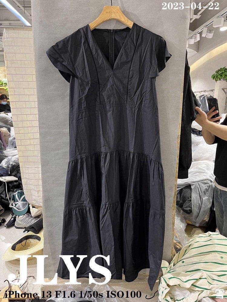 欧洲站2023春夏新款PH23休闲宽松遮肚子镂空纯色V领连衣裙女 9060_虎窝淘