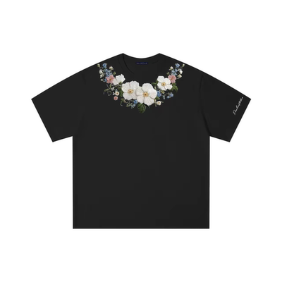 WORK 美式高街花团锦簇仿刺绣品牌字母印花短袖T恤 男女同款