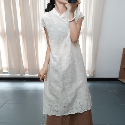 夏季新中式气质娴雅旗袍麻连衣裙