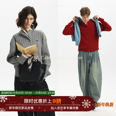 Unvesno(UN)假两件亨利领拉夫马标绞花刺绣POLO针织衫秋季毛衣