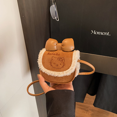 秋冬新款毛绒豹纹猫咪单肩斜挎手拎包小女孩公主蝴蝶结出游零钱包