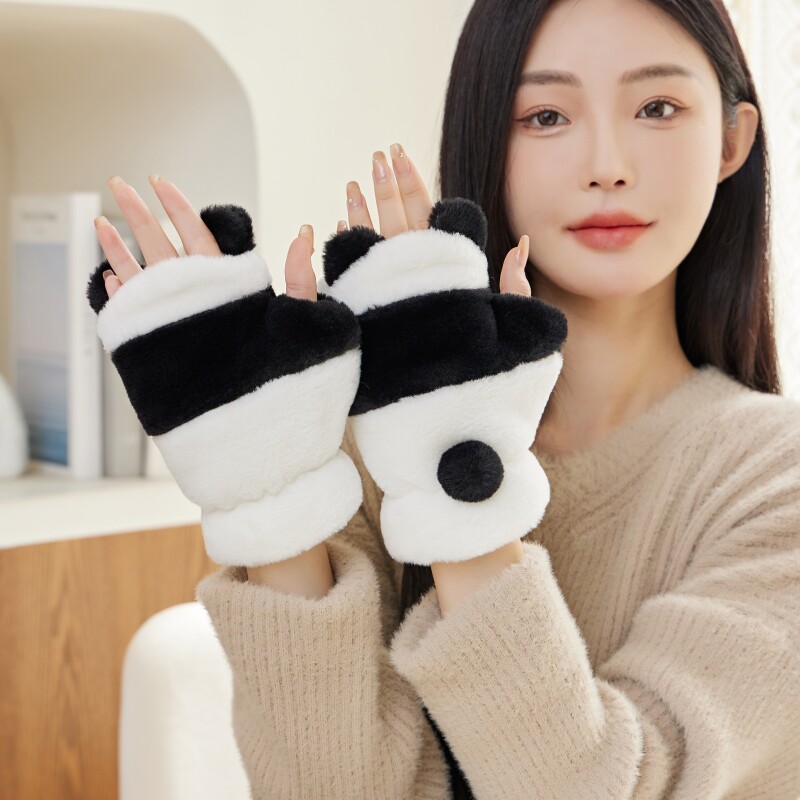 秋冬季保暖手套女毛绒可爱露指加绒加厚办公保暖学生写字漏指情侣
