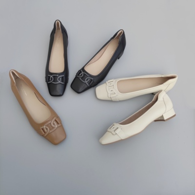 FEDERICA DI  DONATO真皮方头小香风单鞋女  粗跟羊皮平底鞋 40码