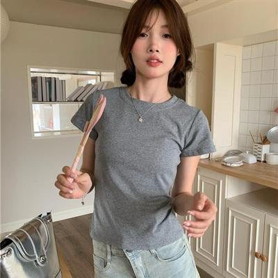 PPHOME自制~经典不挑人 灰色圆领正肩短袖T恤夏季百搭修身上衣女