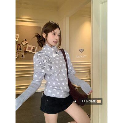 PPHOME不规则气质翻领星星长袖针织衫女秋冬蝙蝠袖收腰毛衣打底衫