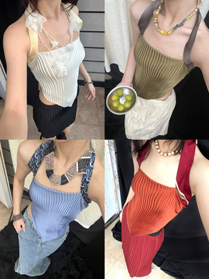 孤品真丝领带挂脖遮副乳和斜方肌褶皱辣妹露背一片式吊带丝巾上衣