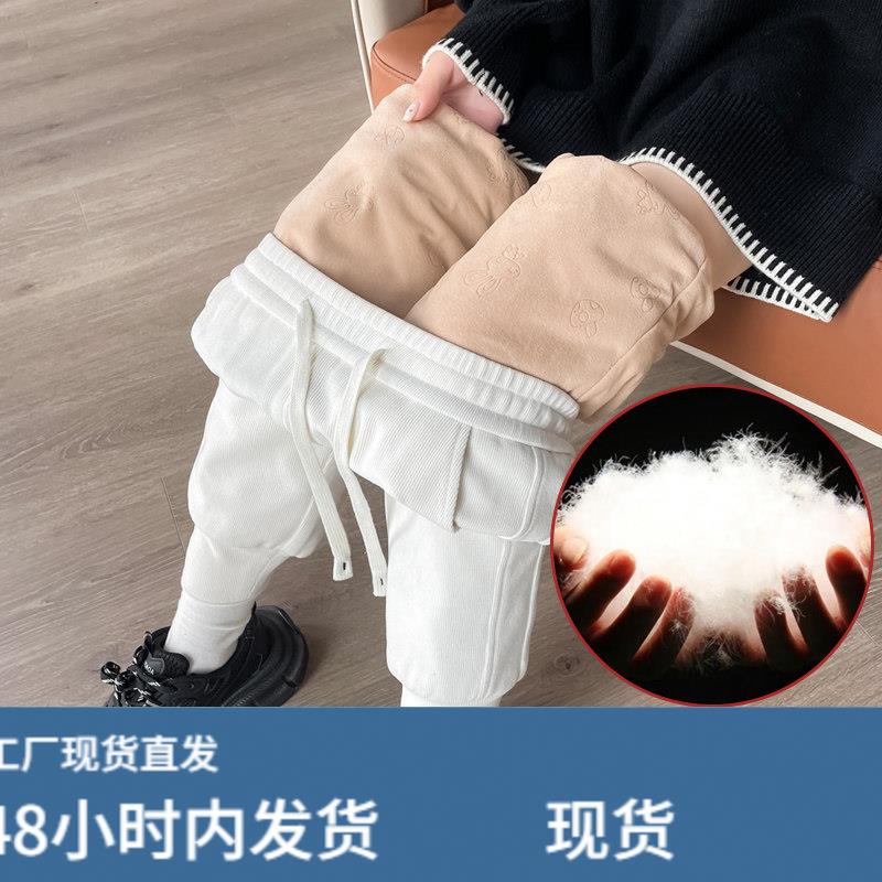 羽绒裤女外穿冬季2024新款显瘦白鸭绒运动条绒裤东北零下40度棉裤