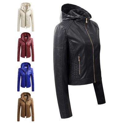 Women's long sleeved detachable hooded leather jacket女外套