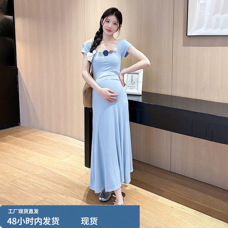 孕妇装夏季时尚气质长裙新款小众设计纯欲立体花朵辣妈性感连衣裙