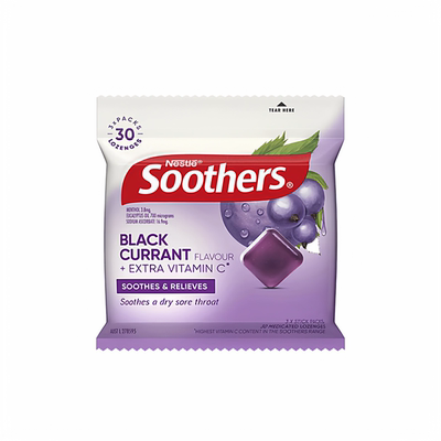 澳洲雀巢Soothers润喉糖温和清凉黑加仑味30粒袋装 维c薄荷醇清新