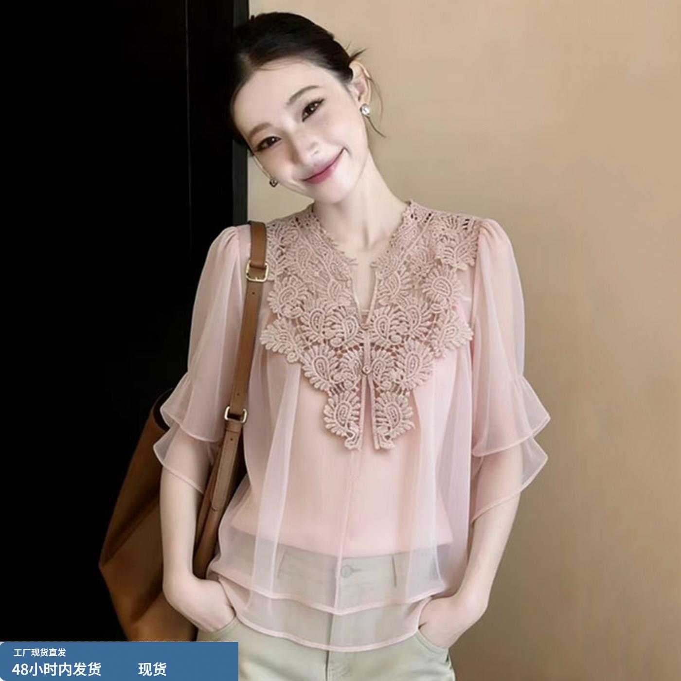 巨好看v领蕾丝拼接雪纺衬衫女士2026新款夏季短袖衬衣女薄款上衣