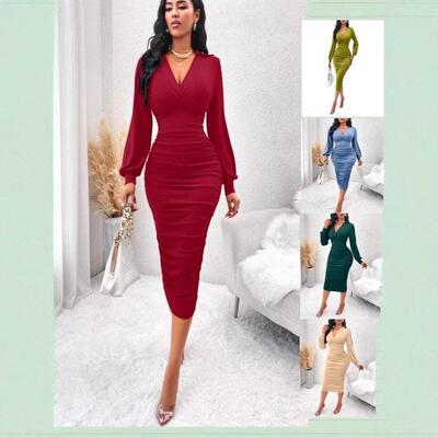 Long Sleeve Side Pleated Bodycon Midi Dress New European