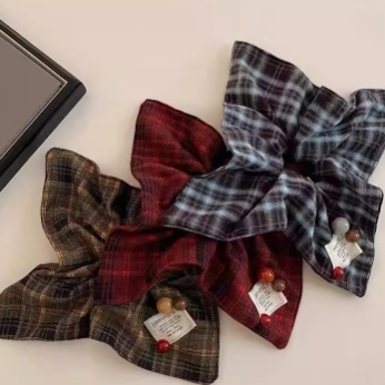 毛呢格子英伦风方巾发圈大肠圈女方形侧低马尾发绳扎头发皮筋头绳