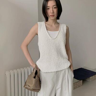 纯棉叠穿U领无袖针织马甲背心女