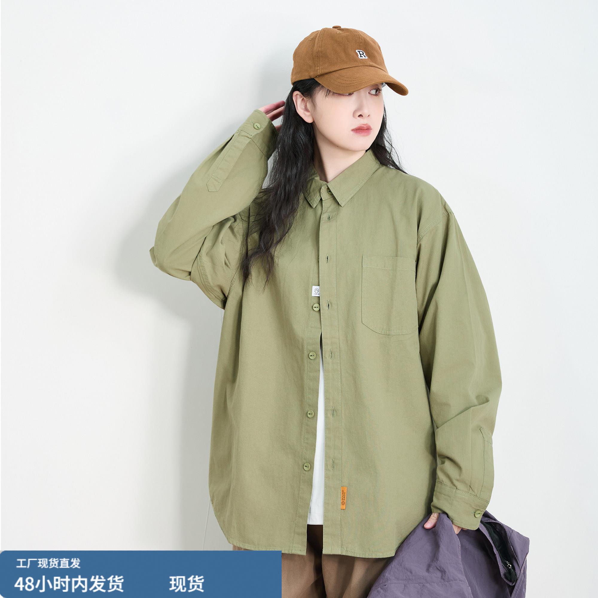 春秋日系工装纯棉衬衫男女宽松复古长袖衬衣小标设计感潮牌外套薄
