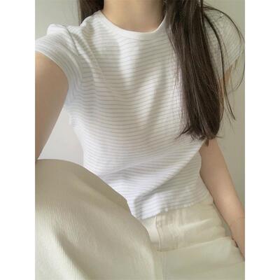 蓝白条纹正肩短袖t恤女夏半袖设计感小众bm修身短款上衣夏季0808z