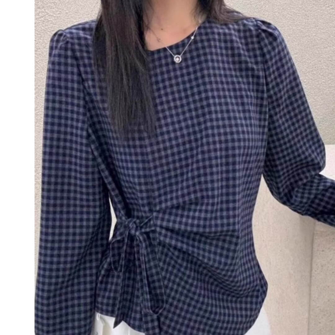 韩版格子系带长袖衬衫女2025早秋新款宽松显瘦百搭洋气减龄上衣潮