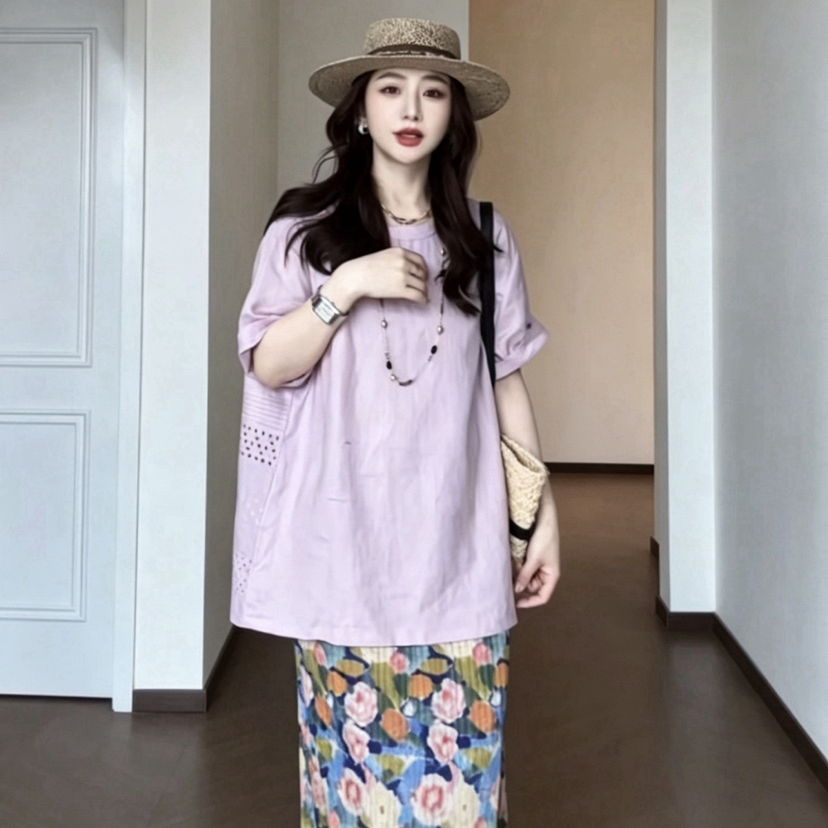夏上新!慵懒亚麻短袖T恤+半身裙两件套套装(含50%亚麻)