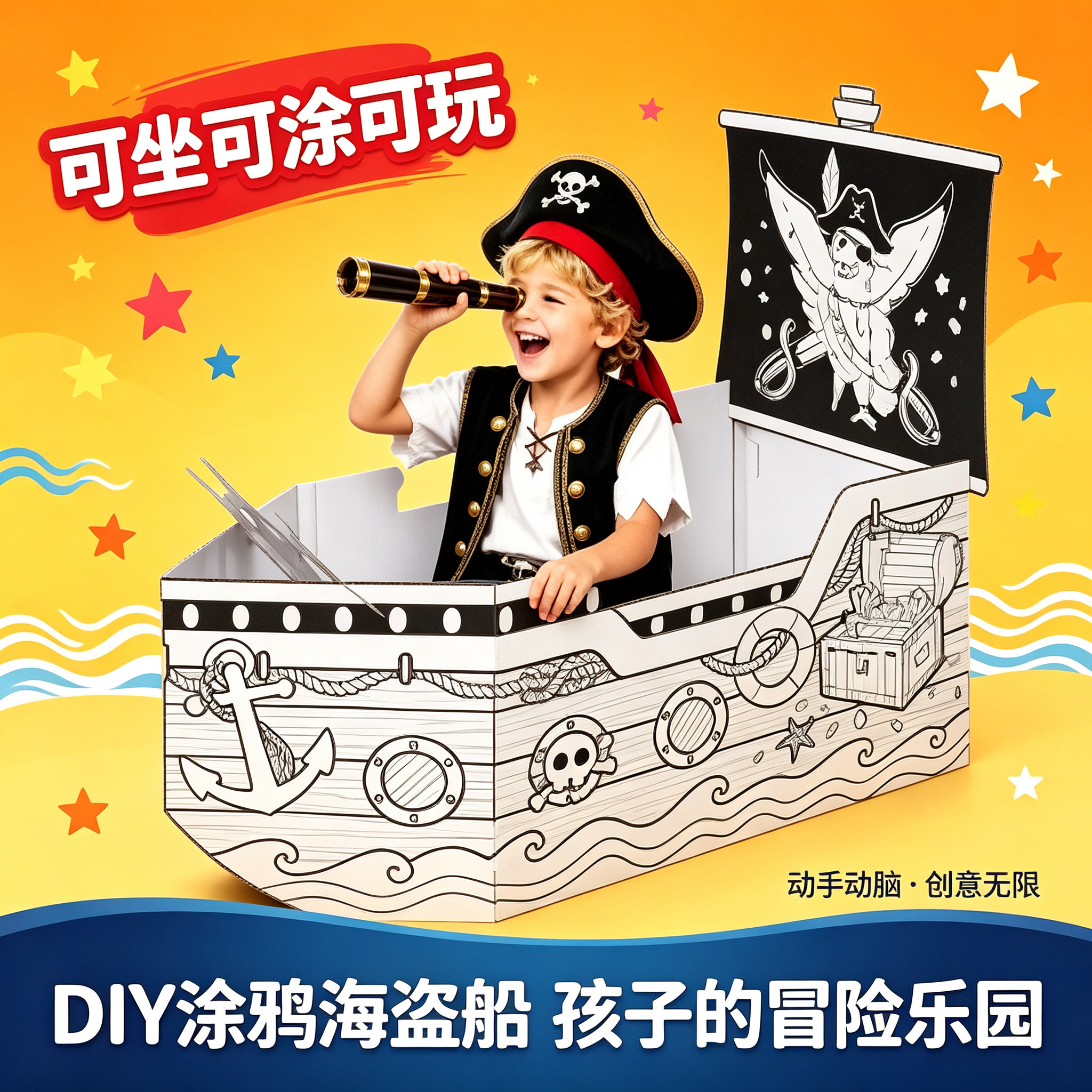 WERNNSAI儿童海盗船涂鸦纸板屋手工涂色玩具男孩生日派对角色扮演
