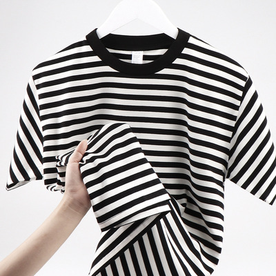 Men Cotton tShirt 重磅黑白条纹短袖简约男女情侣装百搭T恤宽松