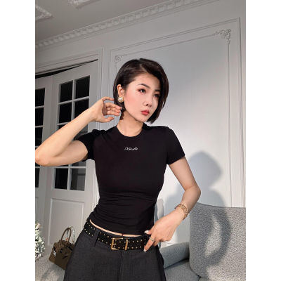XULU原创夏季新款人棉针织圆领上衣纯色正肩显瘦字母刺绣短袖T恤