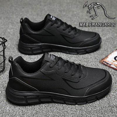 袋鼠男鞋大码皮面防水黑色运动鞋