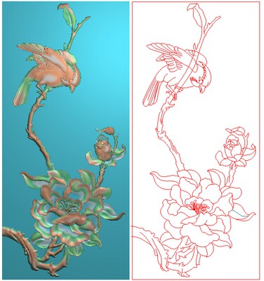 月季精雕图灰度图浮雕图电脑雕刻图 檀雕花鸟背板茶花147x319新款