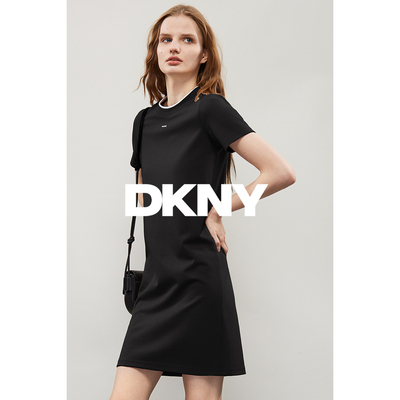 DKNY唐可娜儿2025夏季女假两件通勤显瘦修身百搭印花短袖连衣裙
