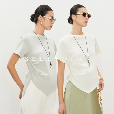 SELLYNEAR孕妇高级感t恤夏季新款时尚圆领抽皱不对称短袖孕妈上衣