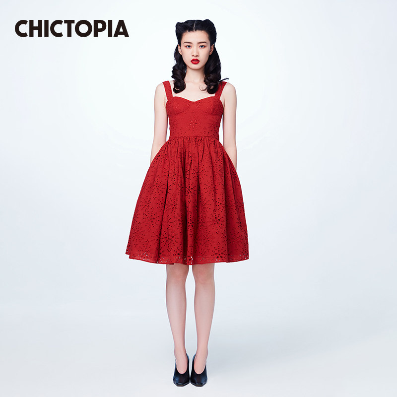 CHICTOPIA CHIC刘清扬新疆棉镂空刺绣吊带胸衣大摆连衣裙_虎窝淘