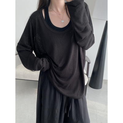 宽松大领口背心假两件长袖T恤女