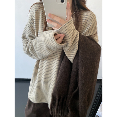 软糯圆领条纹t袖长袖保暖打底