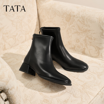 TATA他她靴子女2025秋冬季新款黑色时装短靴粗跟瘦瘦鞋子WYX04DD5