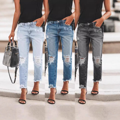 2026 Womens Mid Waist Ripped Jeans Casual Ankle-Length Denim