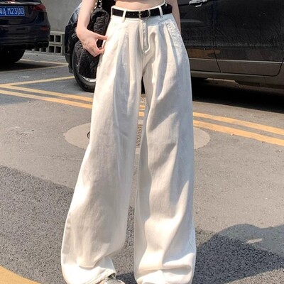 白色阔腿牛仔裤女潮流百搭新款高腰直拖地长裤womens baggy jeans
