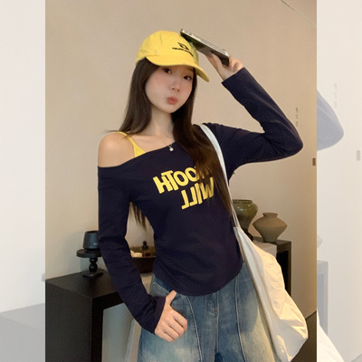 women sexy off shoulder t-shirt lady crop top斜肩露肩字母